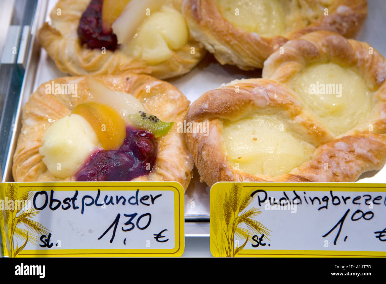 Obstplunder puddingbrezel two German cakes for sale in a bakery in ...