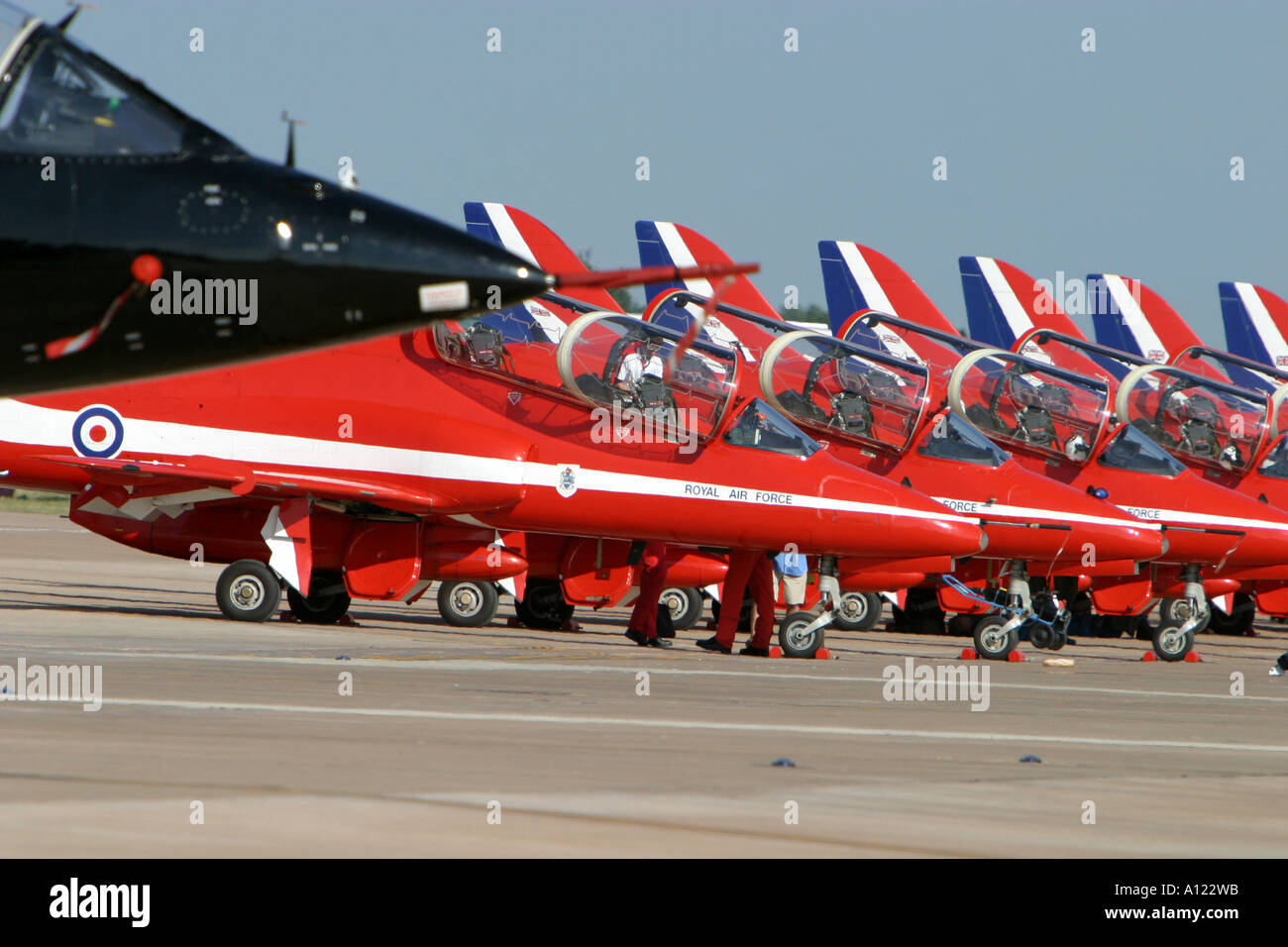 The famous Red Arrows aerobatic display team parked on the runway Stock ...