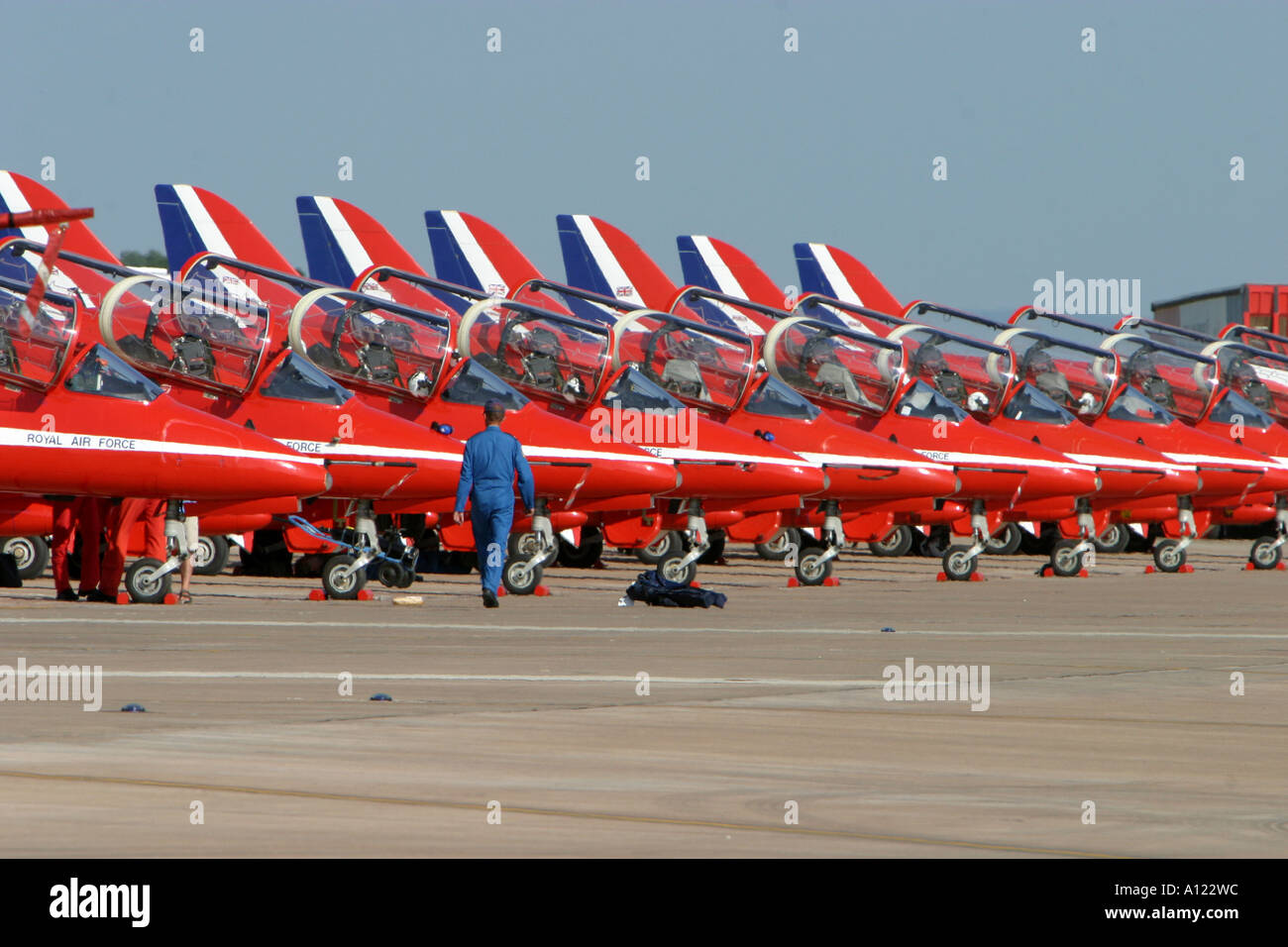 The famous Red Arrows aerobatic display team parked on the runway Stock ...