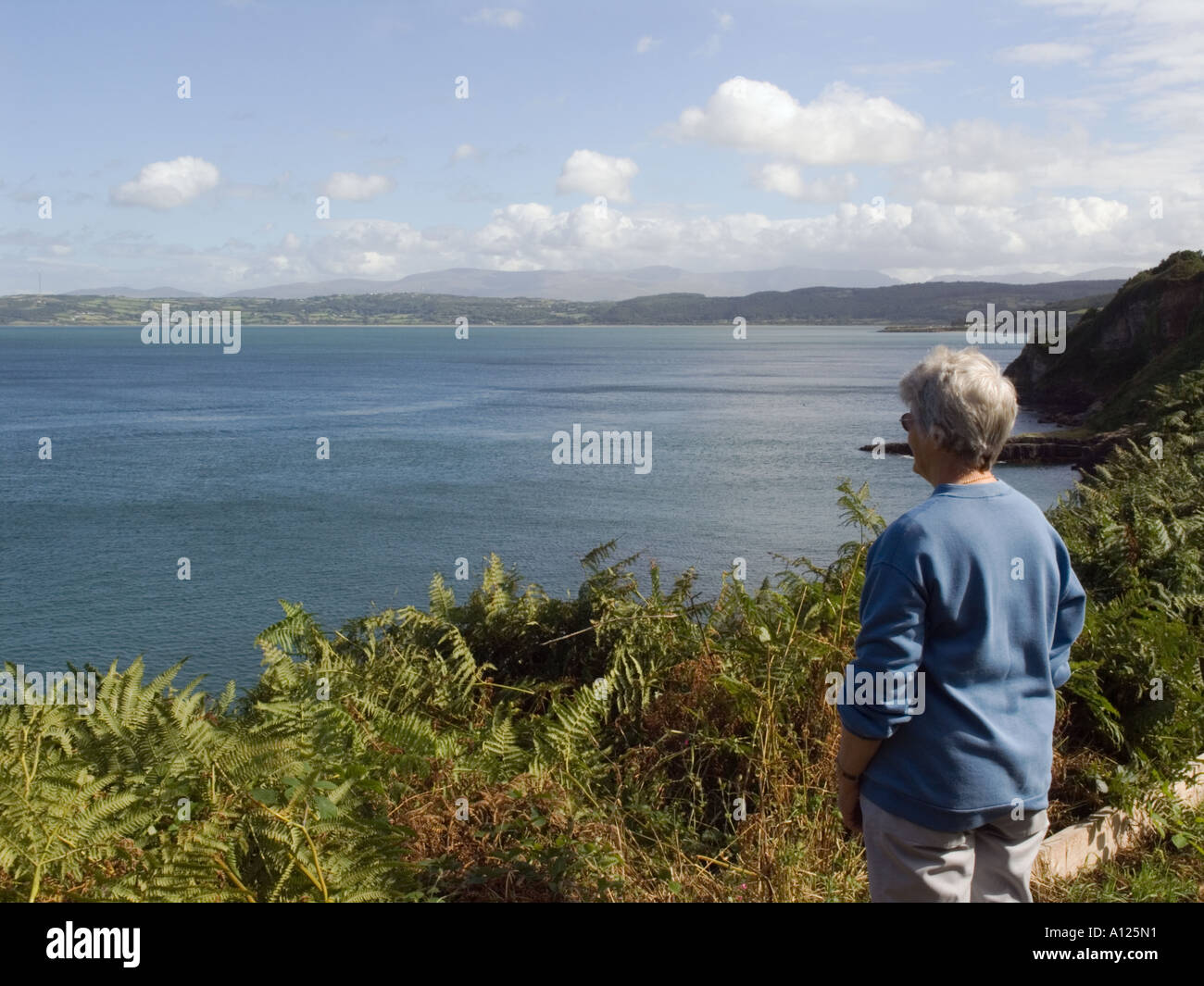 PERSON on ANGLESEY COASTAL PATH looking out over Red Wharf Bay Benllech ...