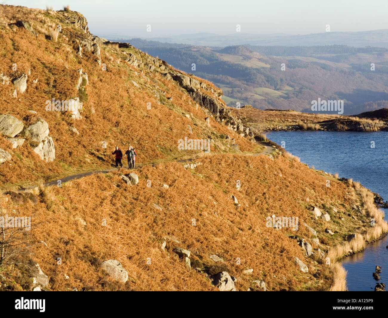 FOOTPATH to MOEL SIABOD with walkers passing small lake Capel Curig ...
