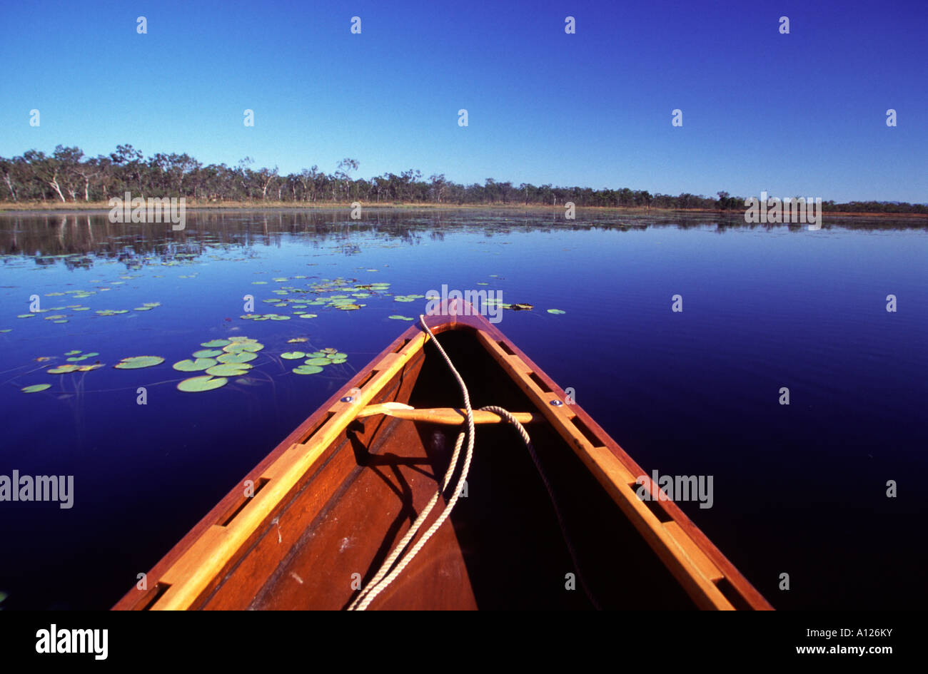 Paddling a wooden dugout canoe on Clancys Lagoon, Mareeba Wetlands ...