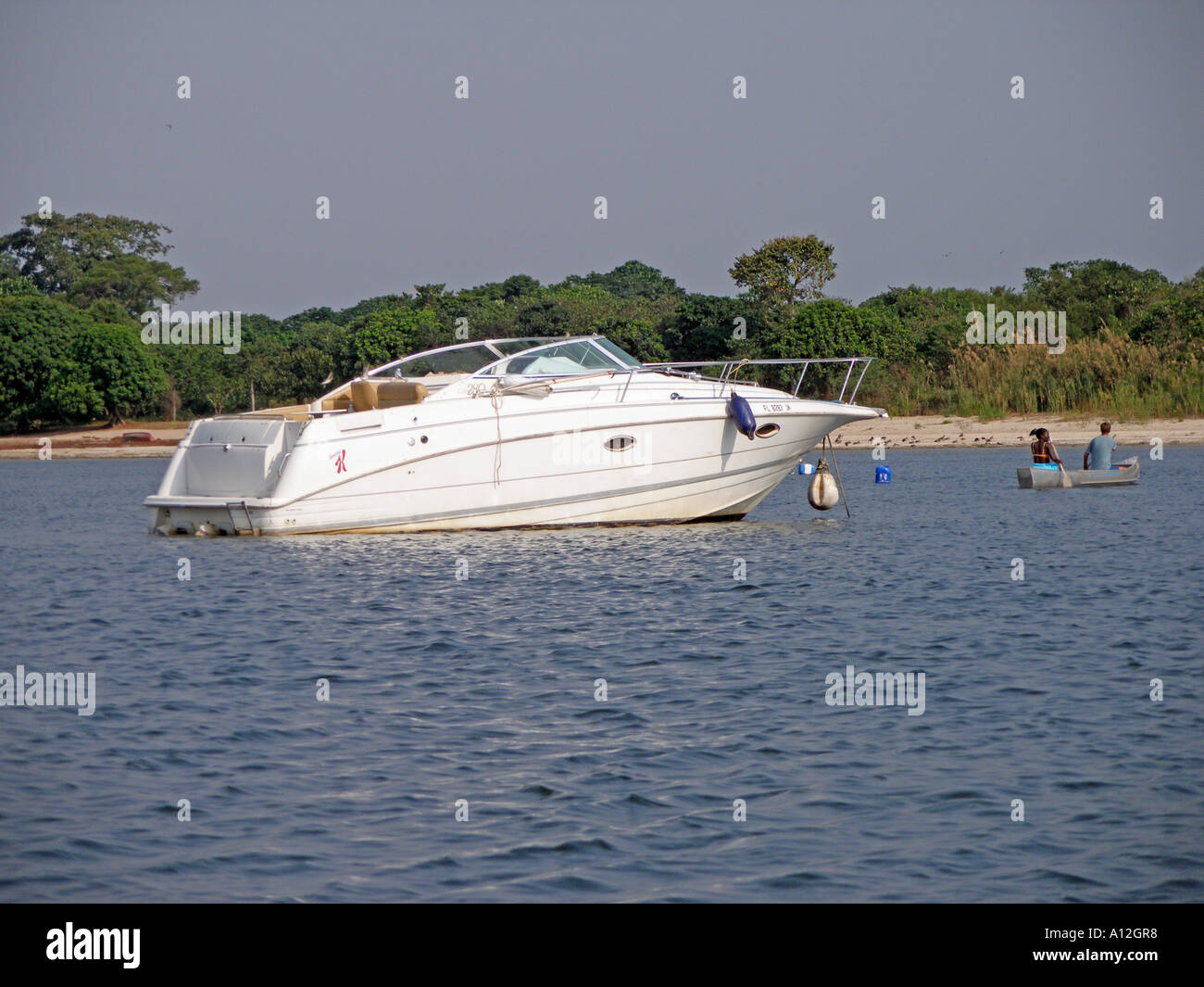 Motor boat moored off Bulago Island on Lake Victoria, Uganda Stock ...