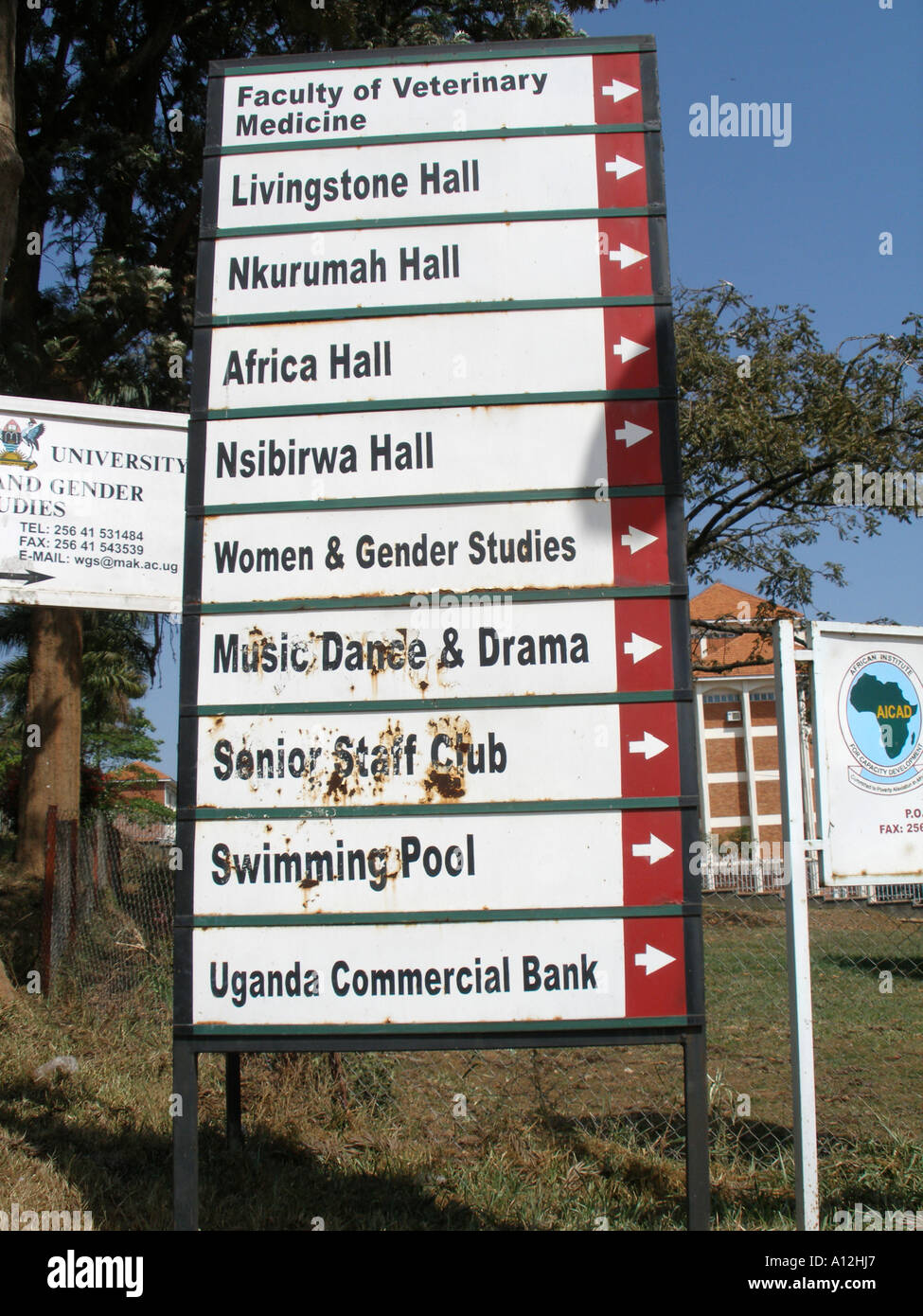 Signboard for various places on Makerere University Campus Stock Photo ...