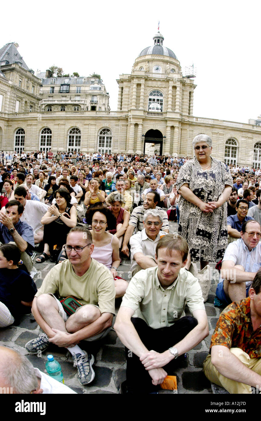 Paris France, Public Crowd Scene from above, sitting in Courtyard ...