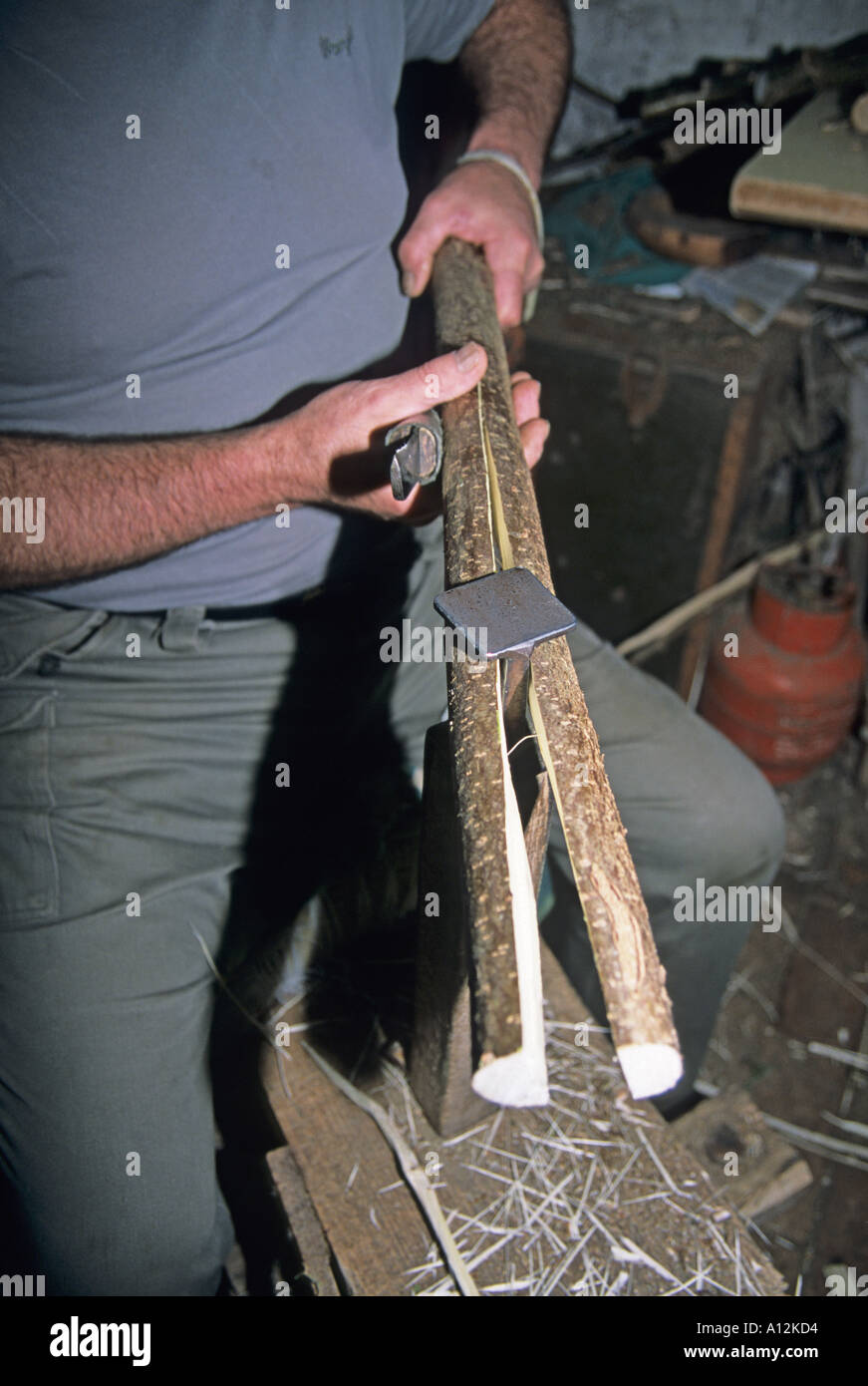 Making the traditional thatching spars from split hazel wood Stock ...