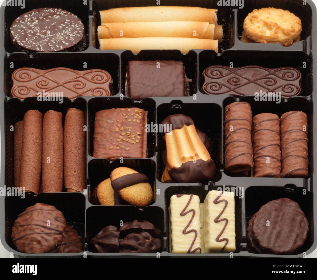 assortment of chocolate biscuits in box Stock Photo - Alamy