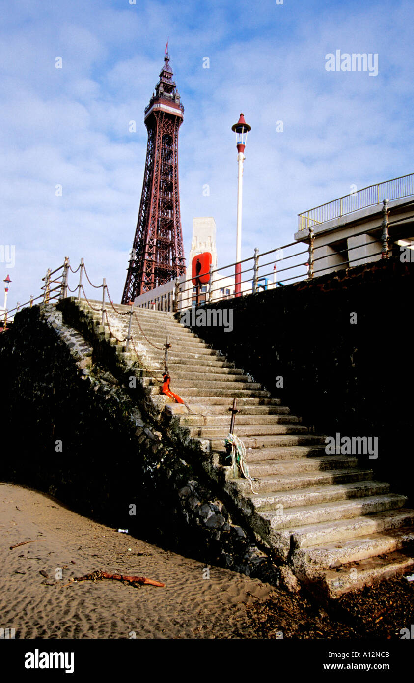 Steps to beach with Blackpool tower in background Blackpool Lancashire ...