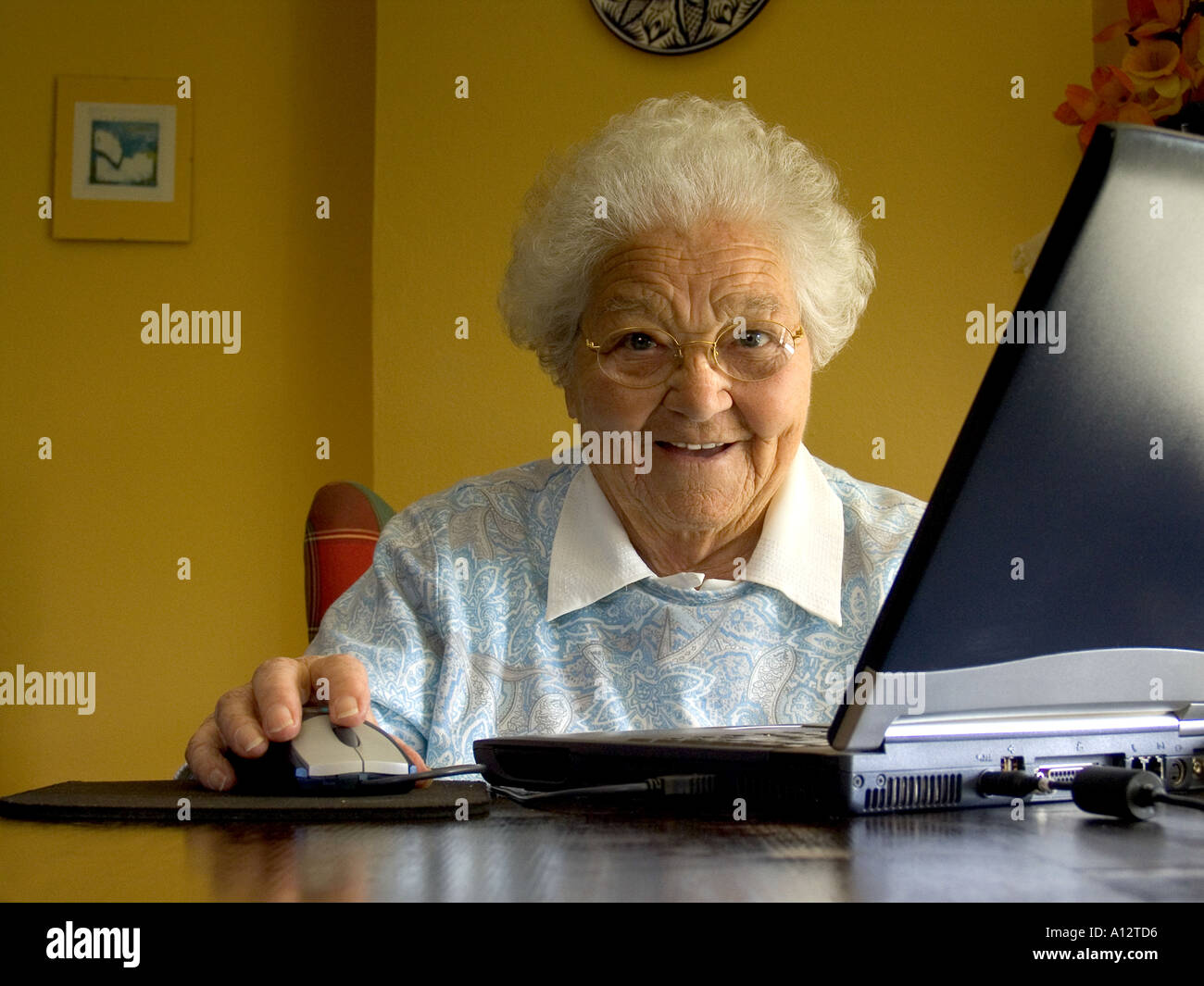 Happy and confident senior old age pensioner elderly lady using laptop ...