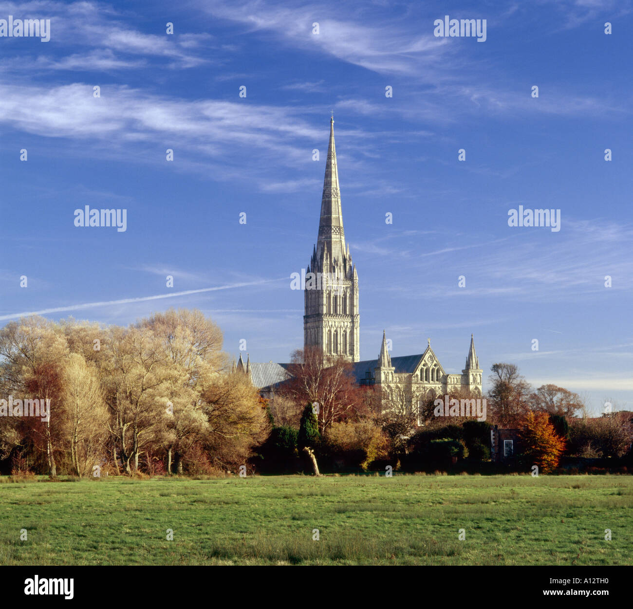 Salisbury Cathedral in autumn evening light seen from the water meadows ...