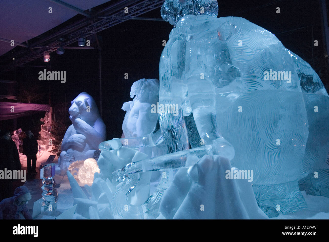 Lubeck at christmas ICE World exhibition of giant ice statues of animal ...