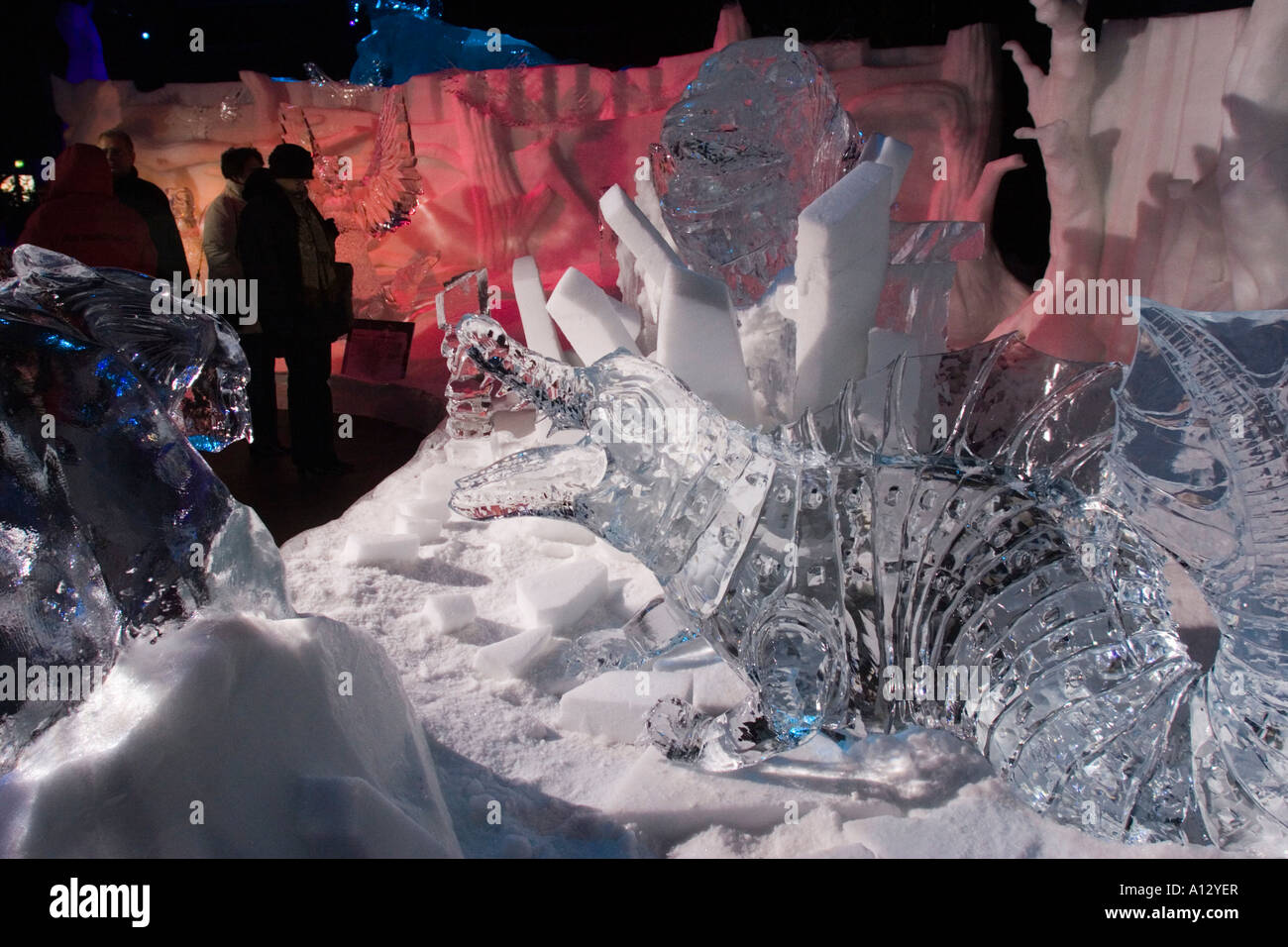 Lubeck at christmas ICE World exhibition of giant ice statues of animal ...