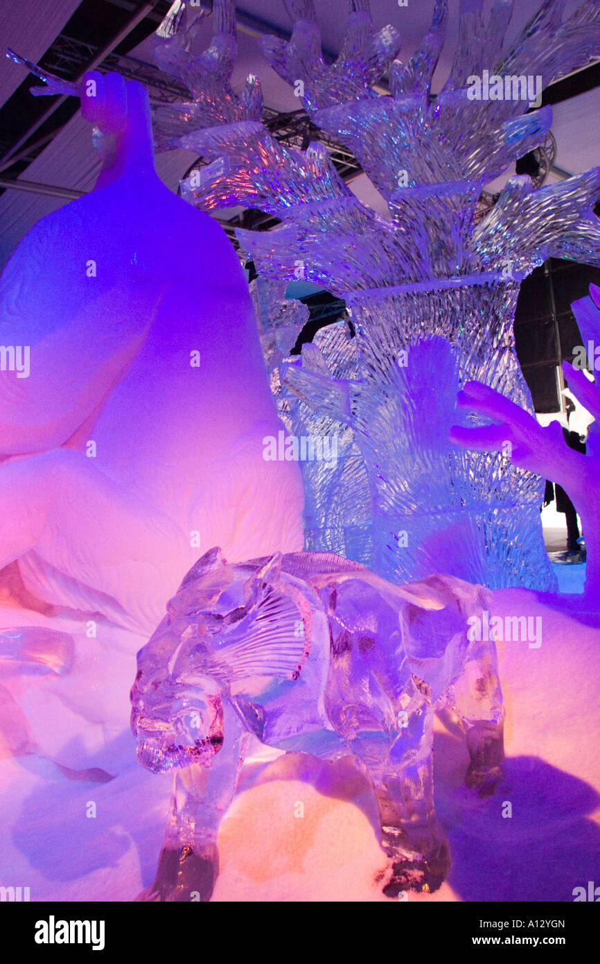 Lubeck at christmas ICE World exhibition of giant ice statues of animal ...