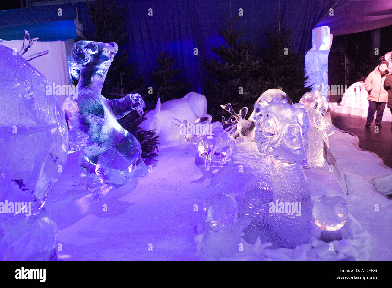 Lubeck at christmas ICE World exhibition of giant ice statues of animal ...