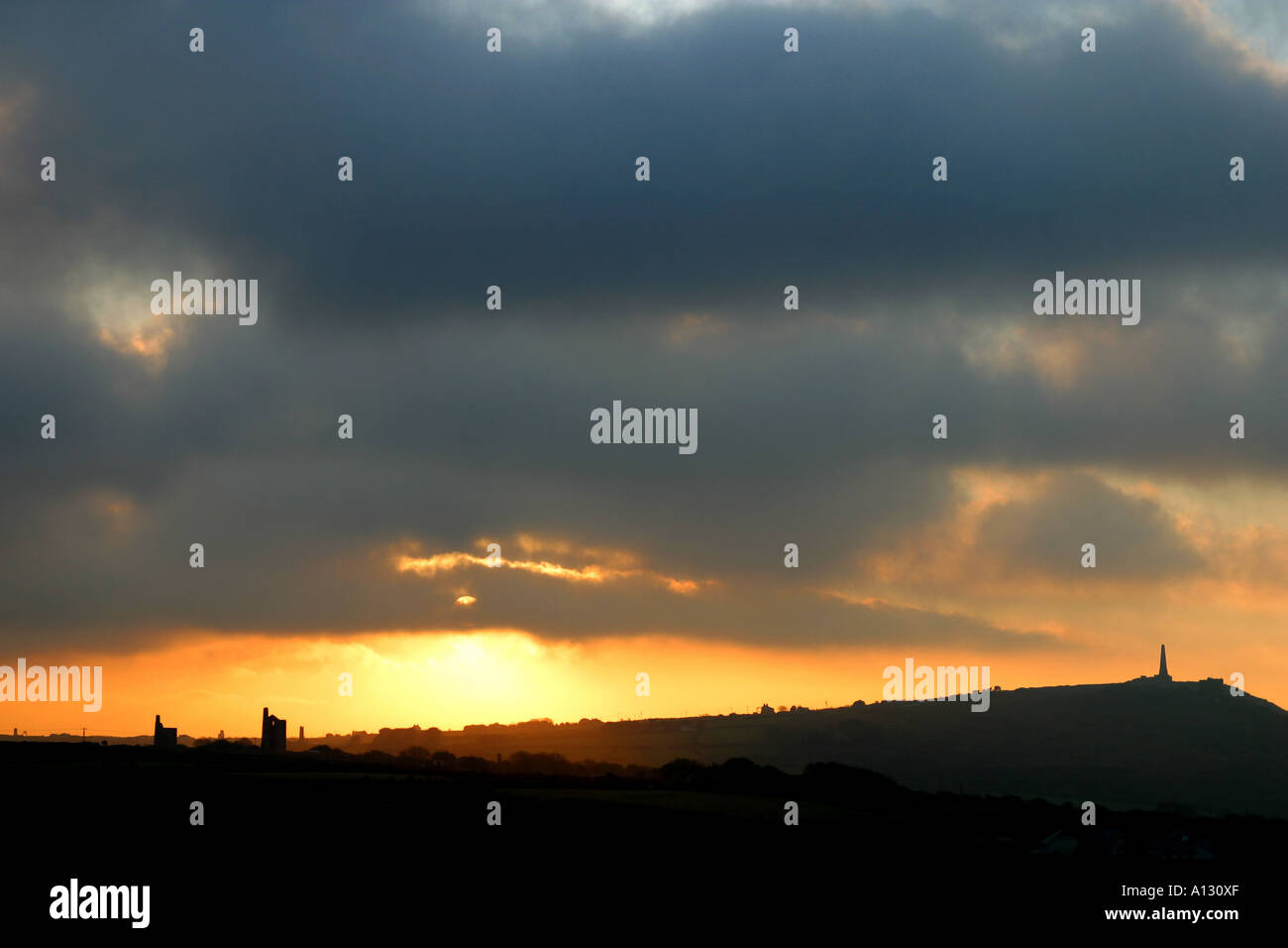 Sunset over Carn Brea Redruth Cornwall UK Stock Photo - Alamy