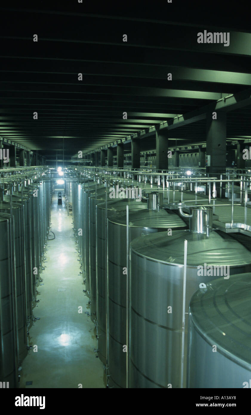 Interior of winery in La Rioja Spain with stainless steel fermentation ...
