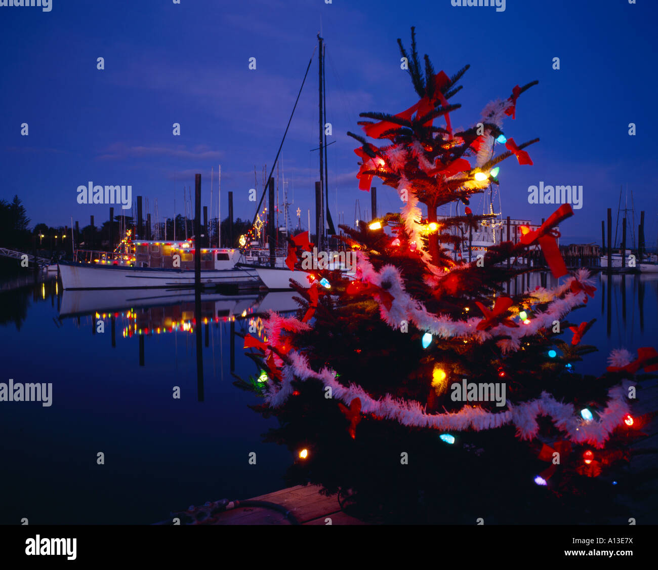 Lighted Christmas tree shines as dusk falls on the tiny harbor at ...