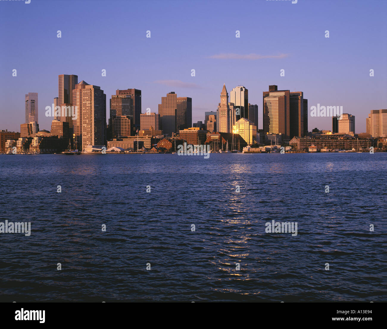 Boston Massachusetts USA skyline and harbor at sunrise from East Boston ...