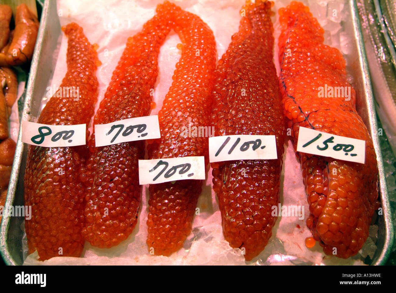 Salmon roe from Hokkaido on display in Nishiki street market Kyoto ...