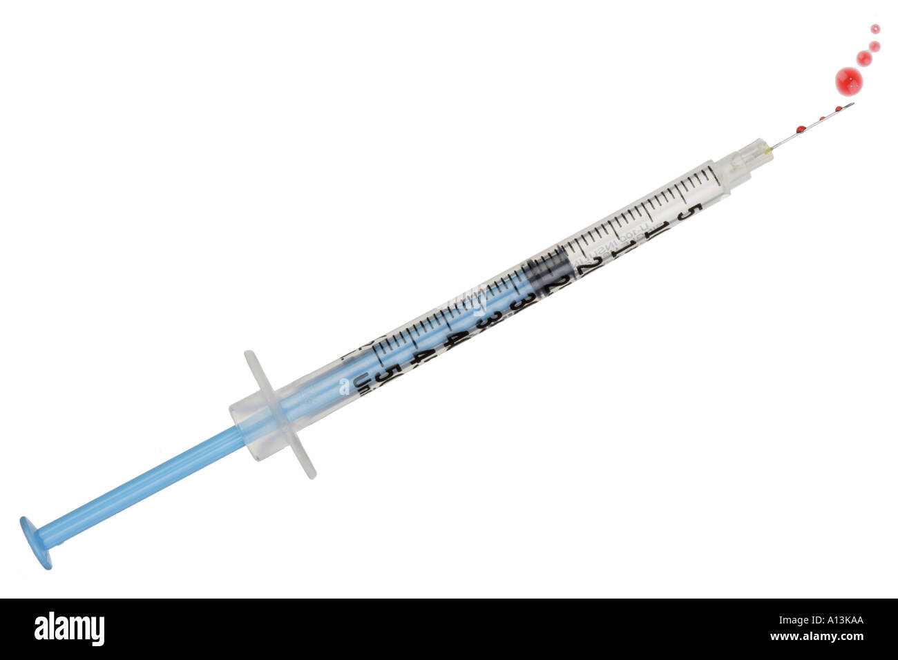 Insulin syringe cut out with drops of blood Stock Photo - Alamy