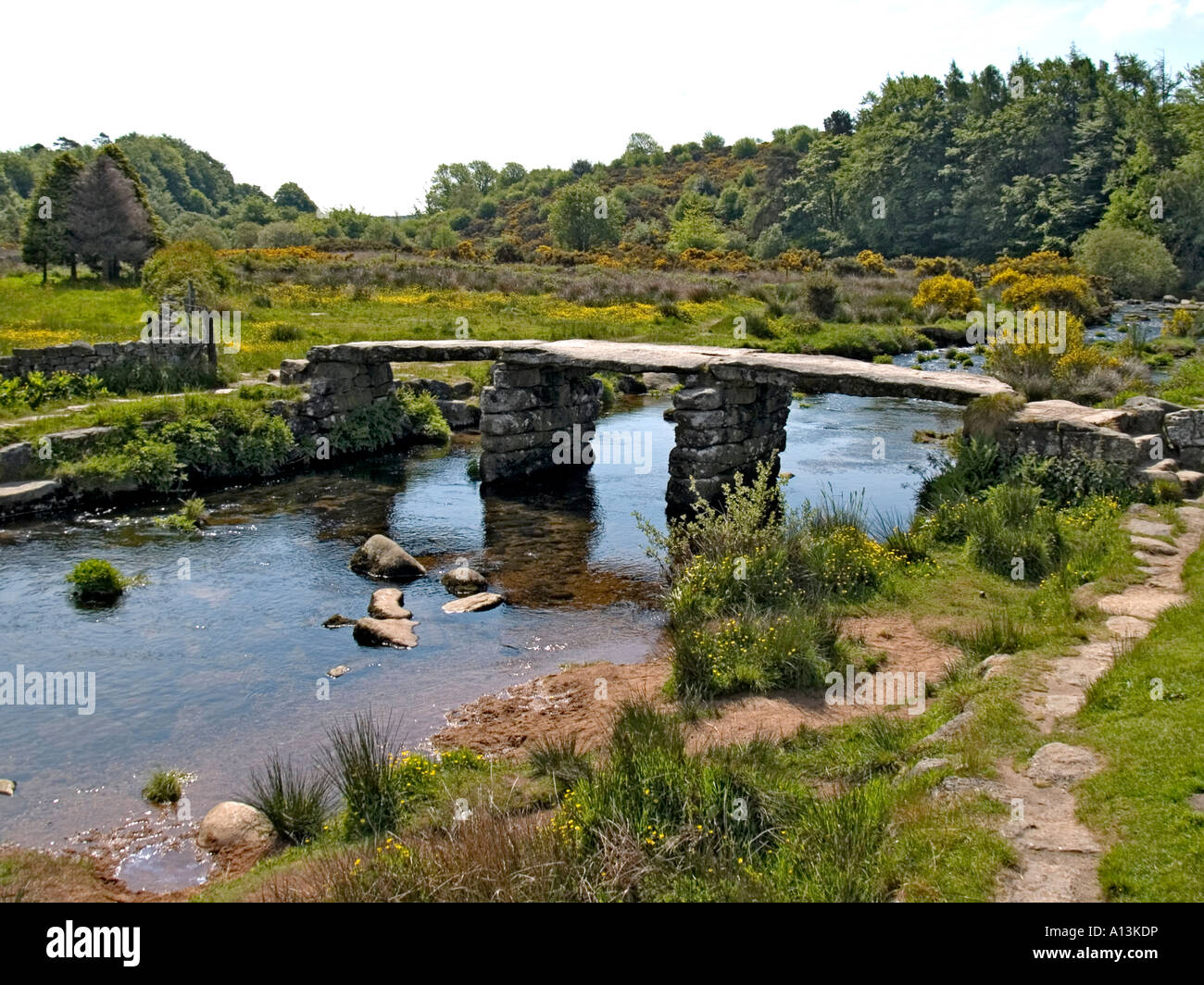 Clapper Bridge over East Dart river Postbridge Devon England Stock ...