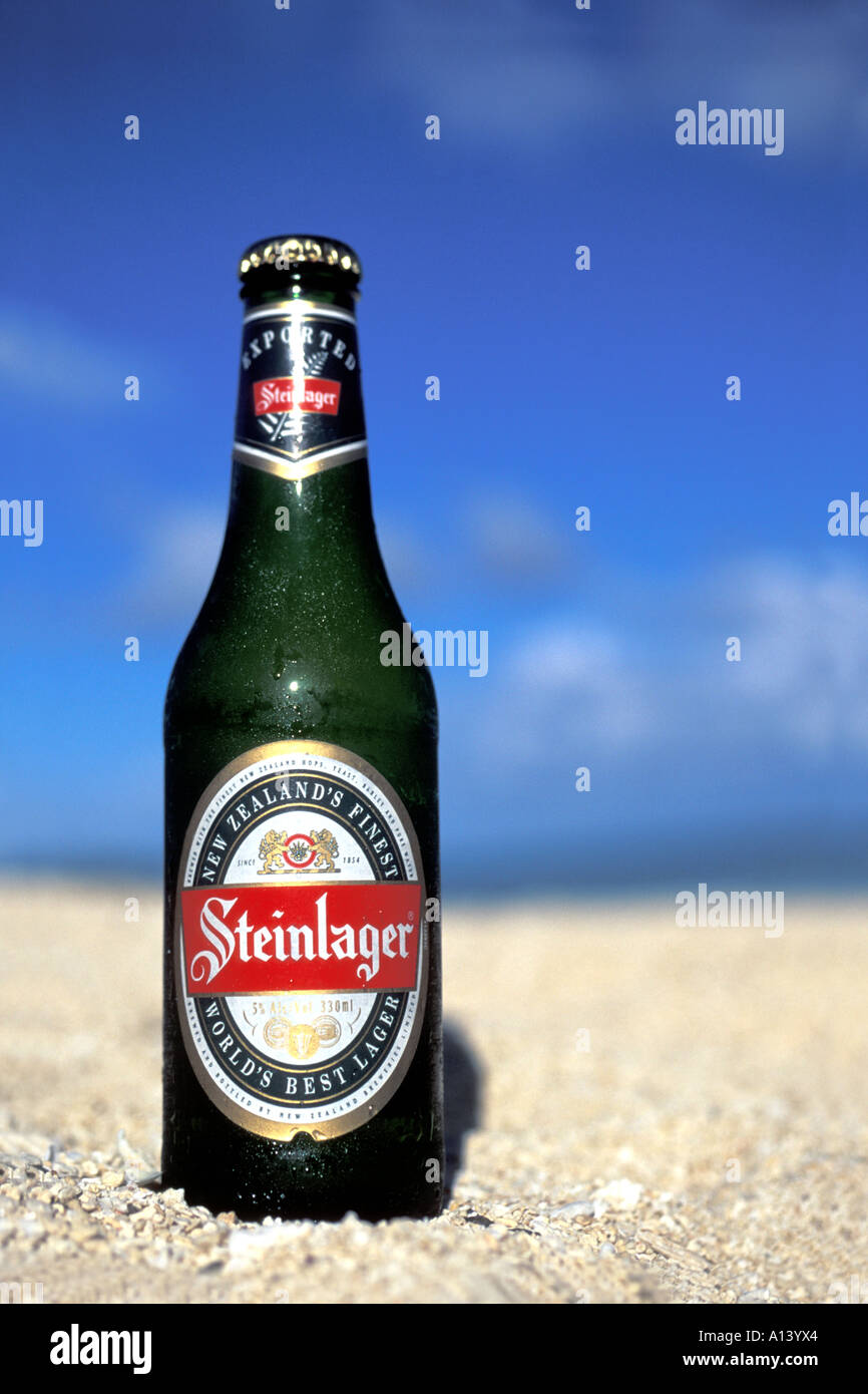 Bottle of New Zealand Steinlager beer on a Cook Islands beach Stock ...