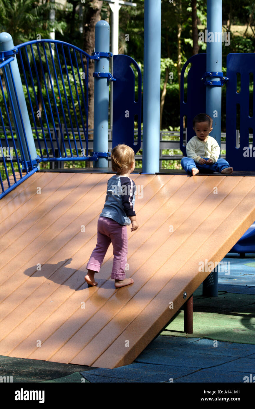 Small children playing in a playground in Victoria Park, Hong Kong ...