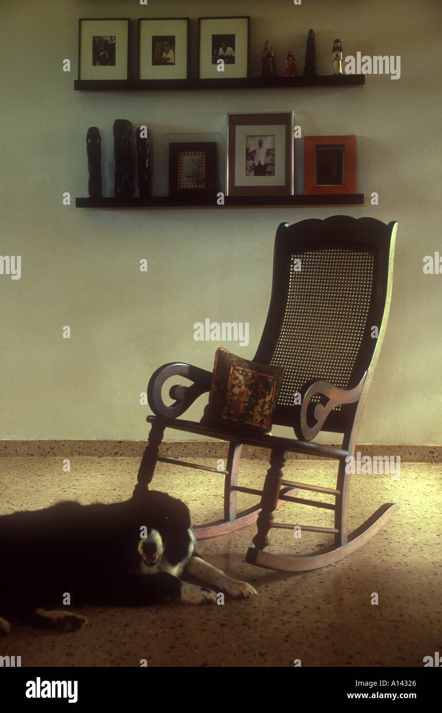 rustic rocking chair in front of photo wall with dog lying underneath ...