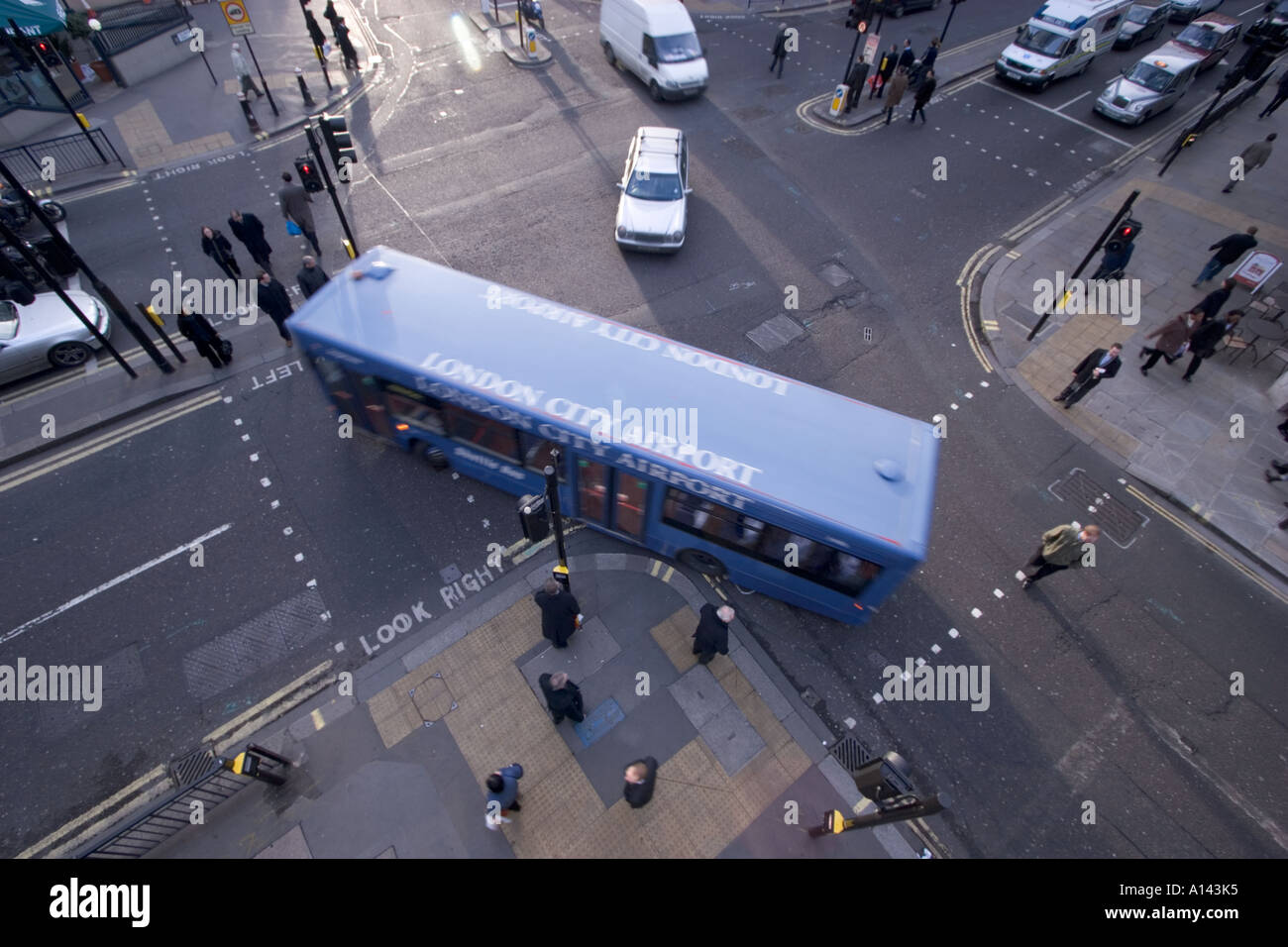 aerial view of Busy traffic intersection crossroads overlooking London ...