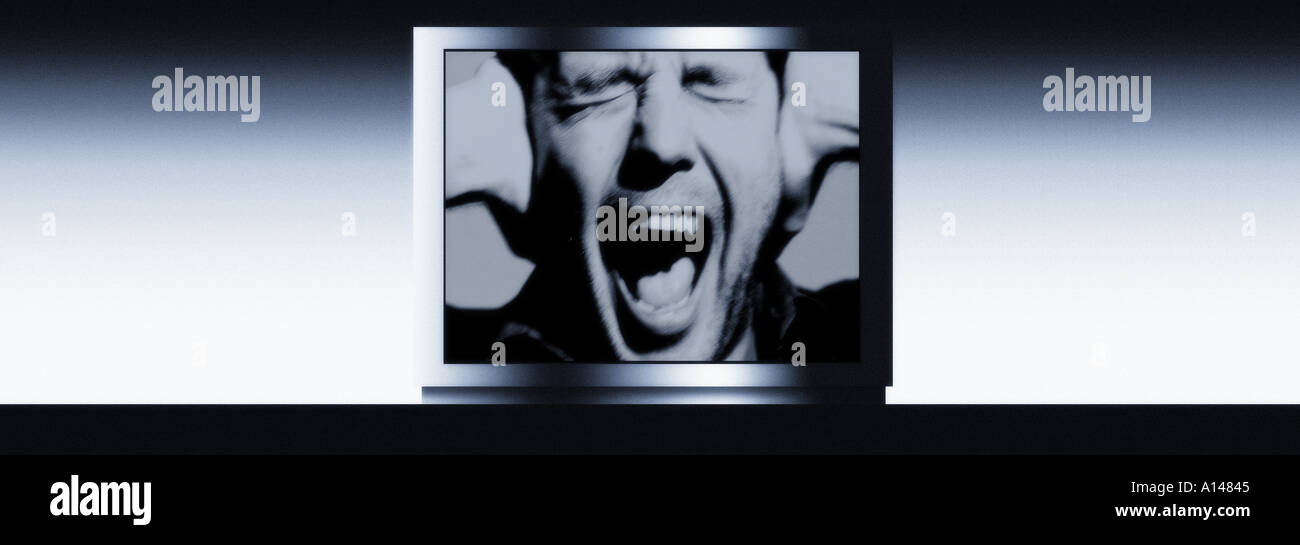 face within TV screen shouting and screaming Stock Photo - Alamy