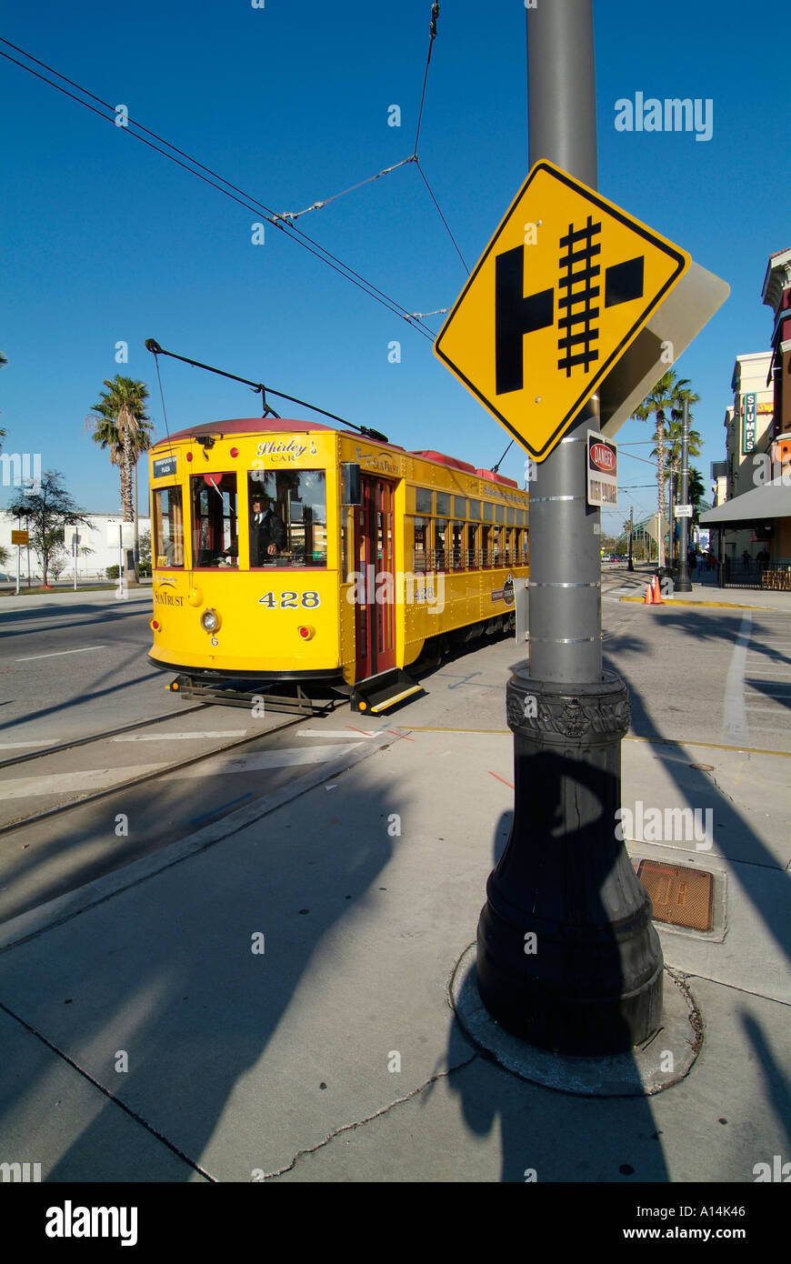 Sign showing a cross street and railroad tracks for railroad train ...