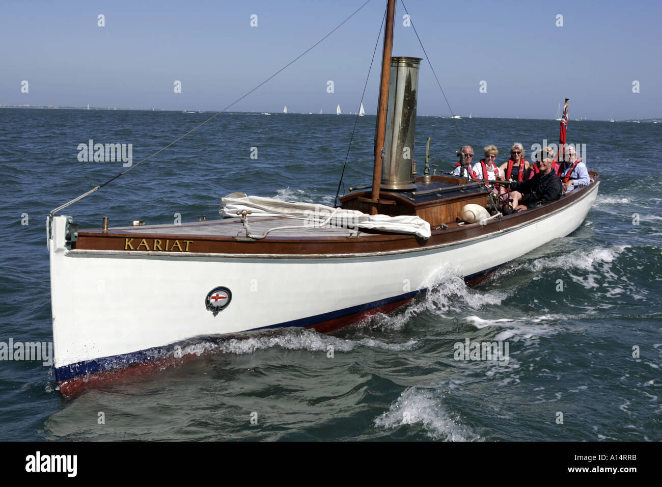 The 35 foot 1897 built classic steam launch Kariat off Cowes Isle of Wight England UK Stock ...