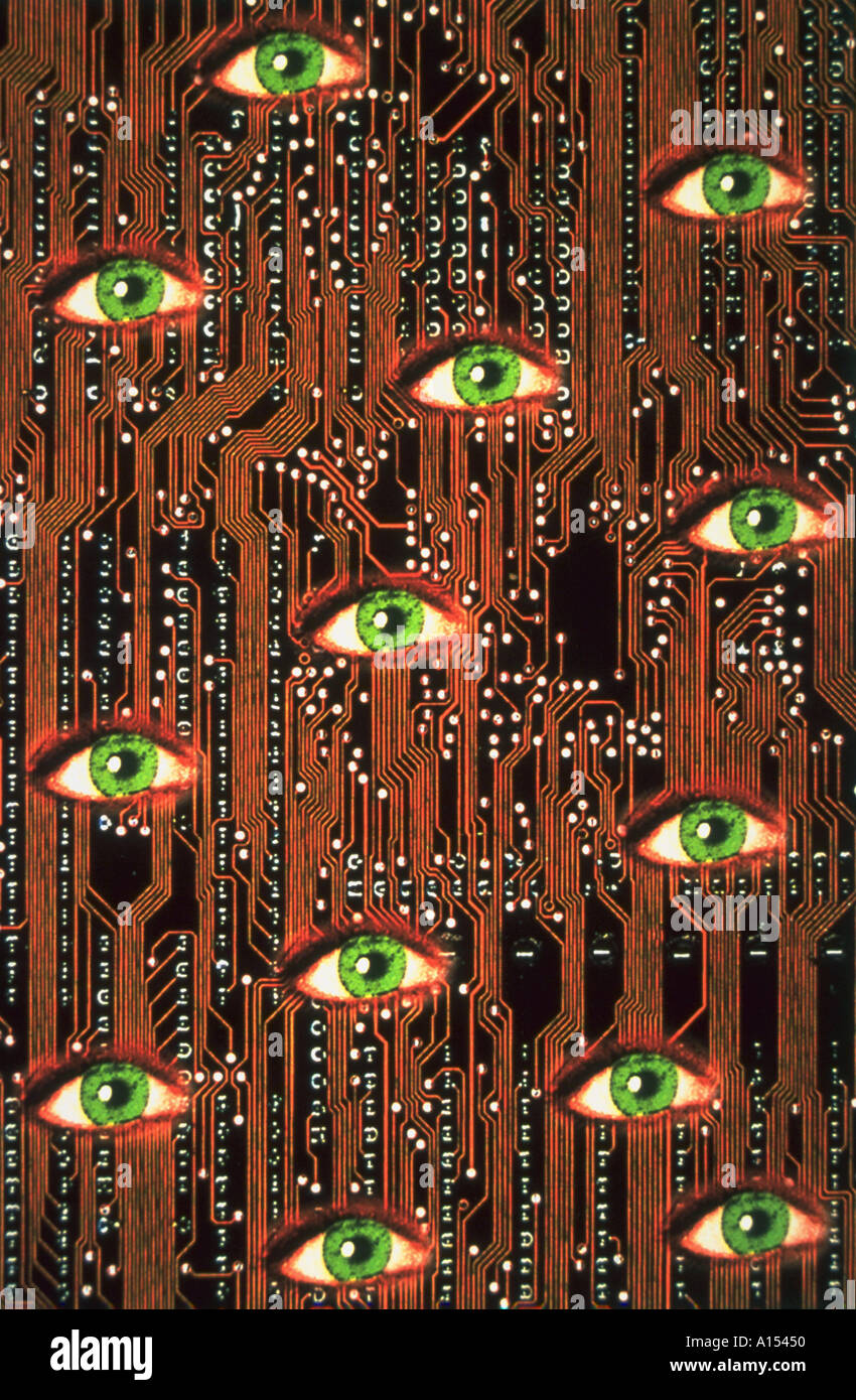 Computer generated image of eyes peering through a circuit board Stock ...