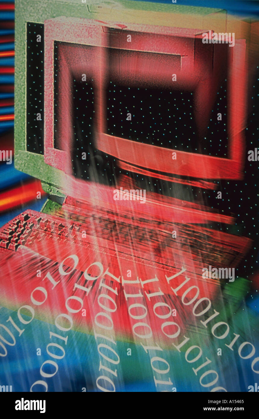 Computer generated illustration of a computer monitor and keyboard with ...