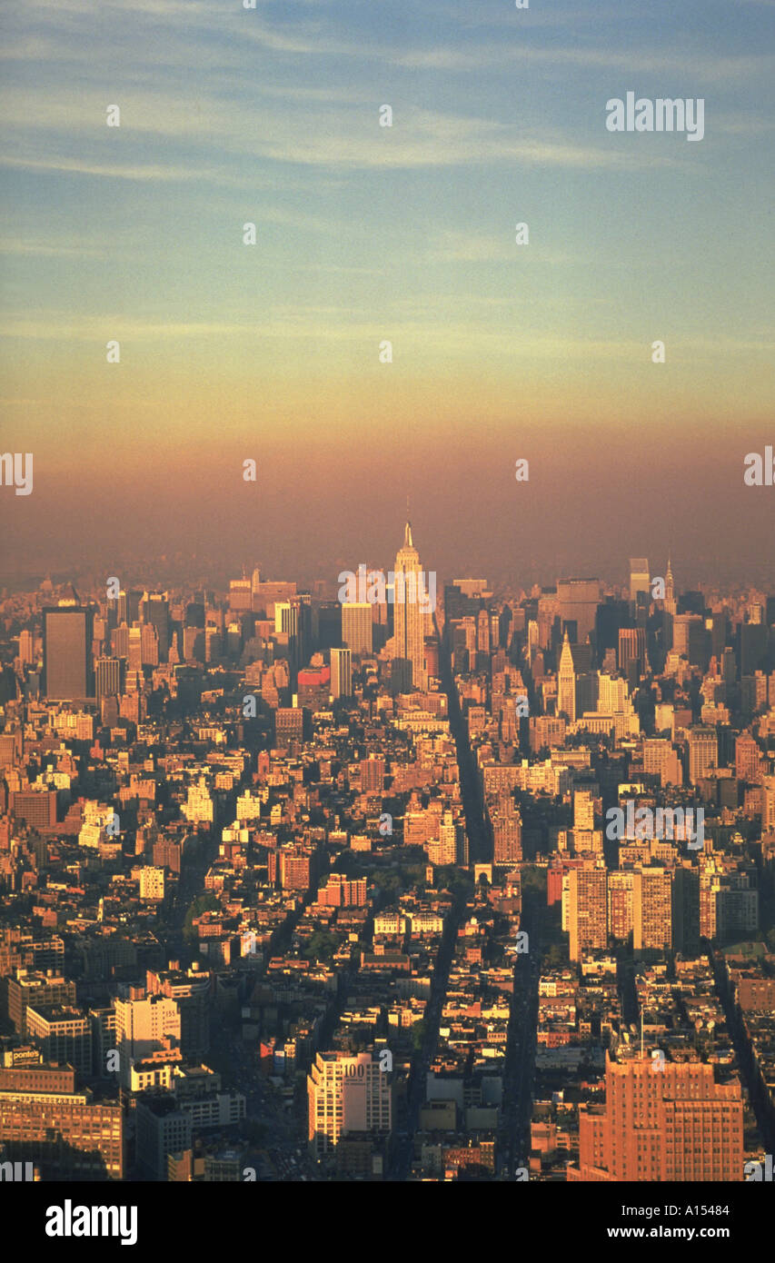 Aerial view of New York City skyline with smog hanging over the city ...