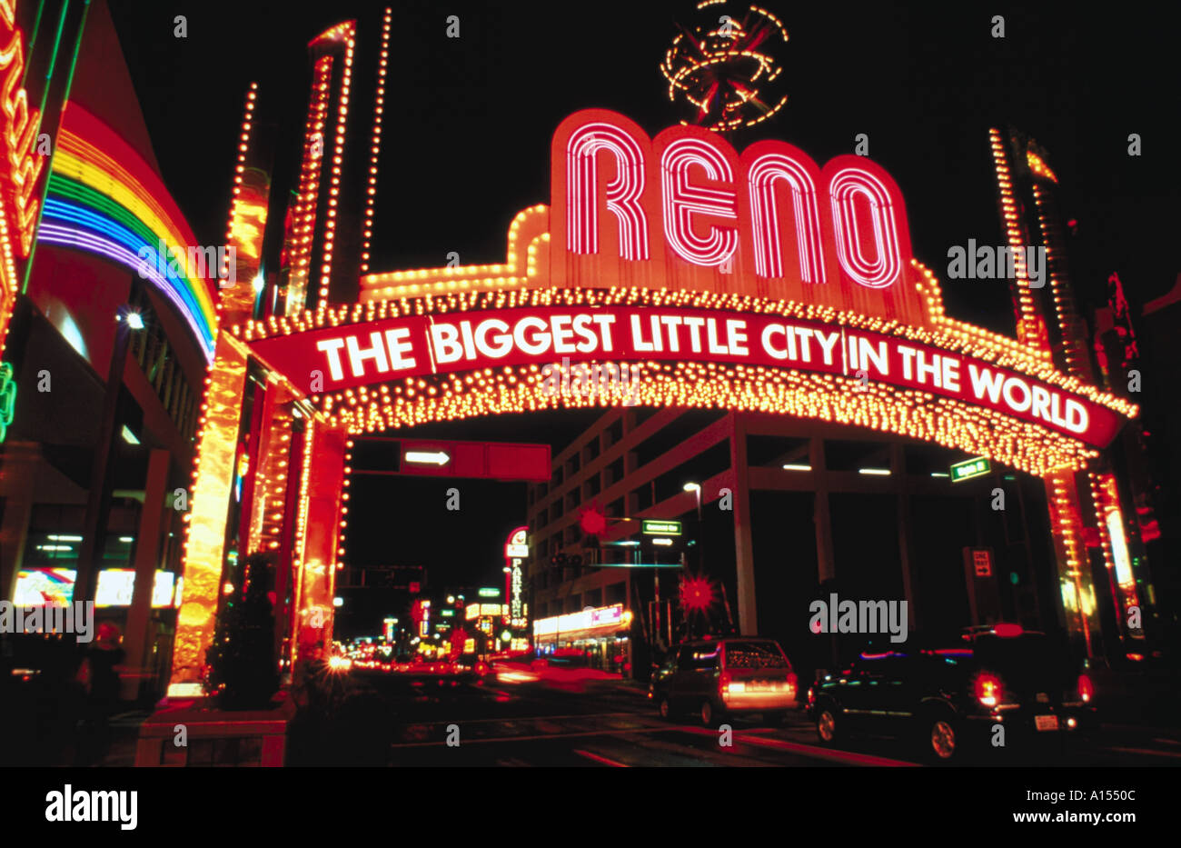 The main sign over the road leading into Reno Nevada shines brightly at ...