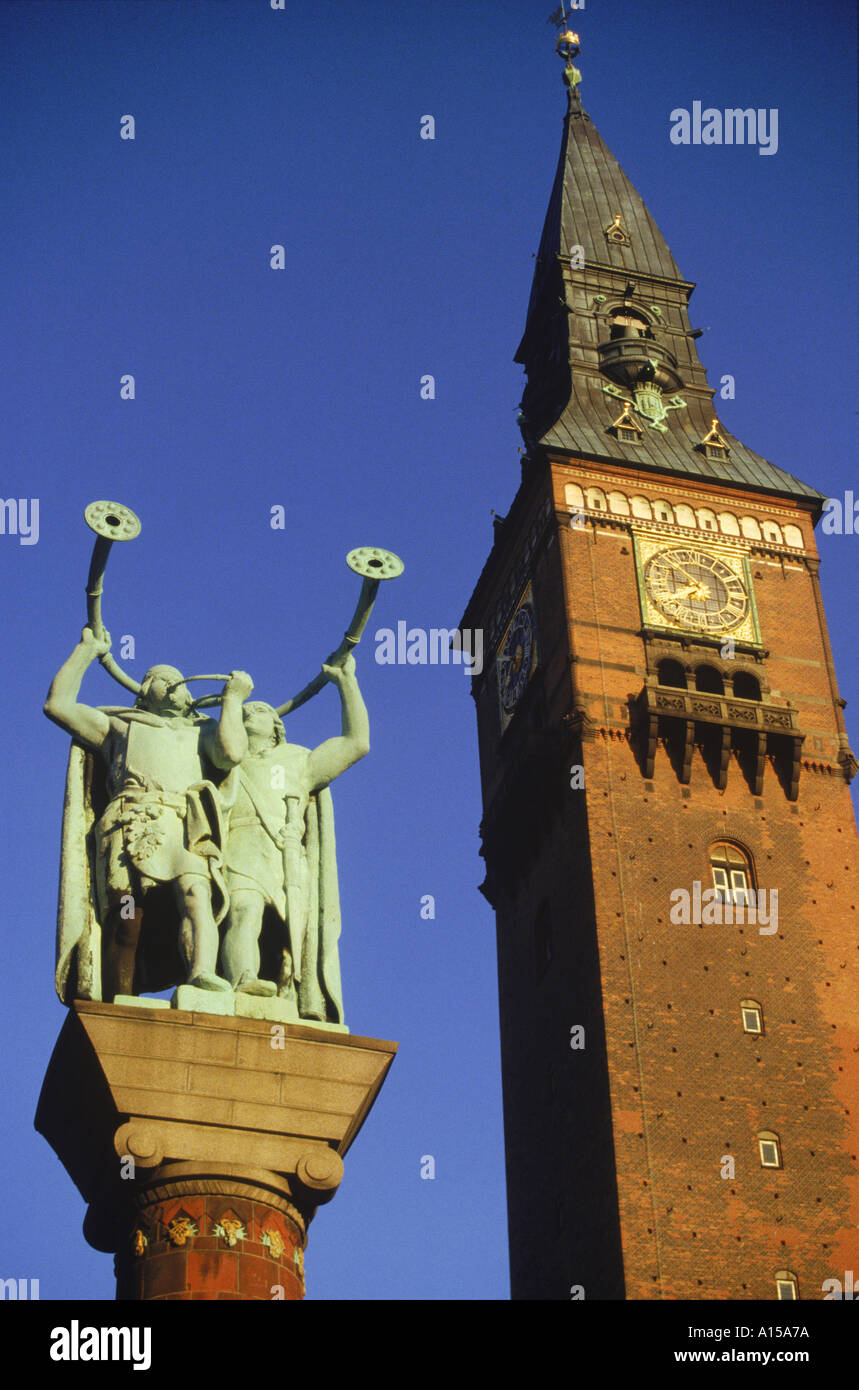 The Lur Blowers statue and the clock tower of the Town Hall Copenhagen ...