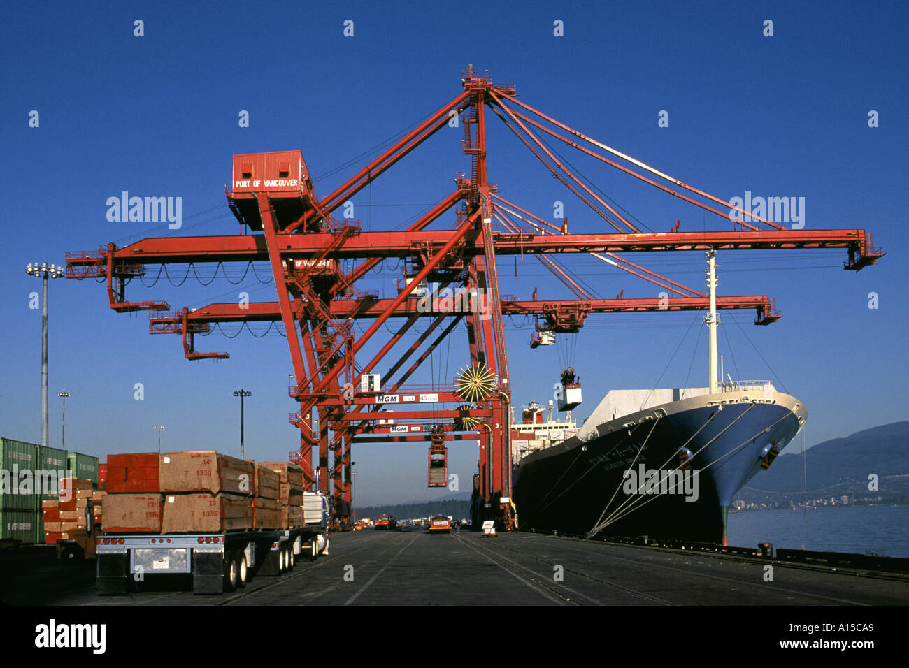 Canada British Columbia Vancouver Port Container ship unloading cargo ...