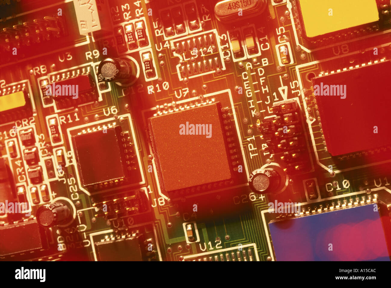 Computer chips and components on computer hard disk circuit board ...