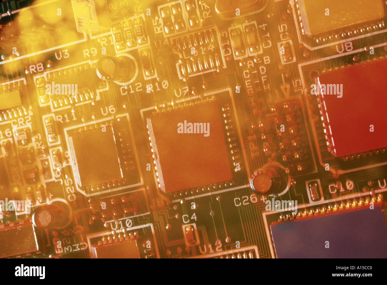 Computer chips and components on computer hard disk circuit board ...