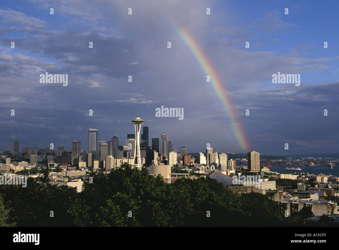 Rainbow over Seattle Washington USA skyline Stock Photo - Alamy