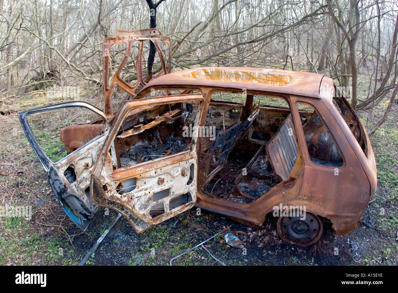 Burned out car in a woodland area Stock Photo - Alamy