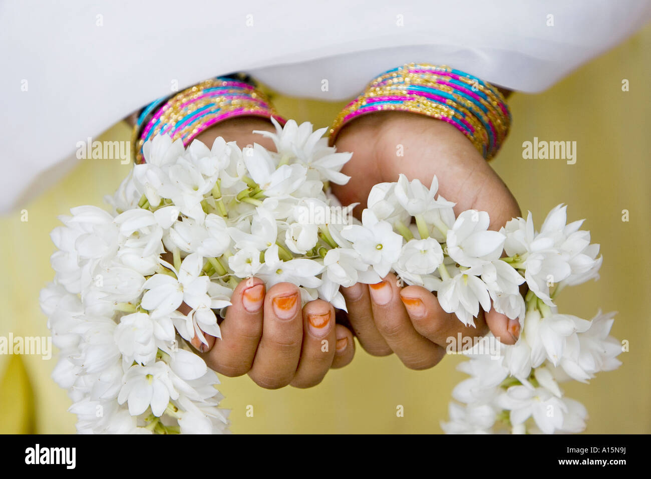 Indian girls hands offering jasmine flower garland Stock Photo - Alamy