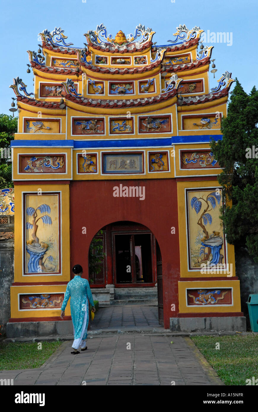 Entrance to Thien Mieu Temple inside the imperial enclosure city of Hue ...