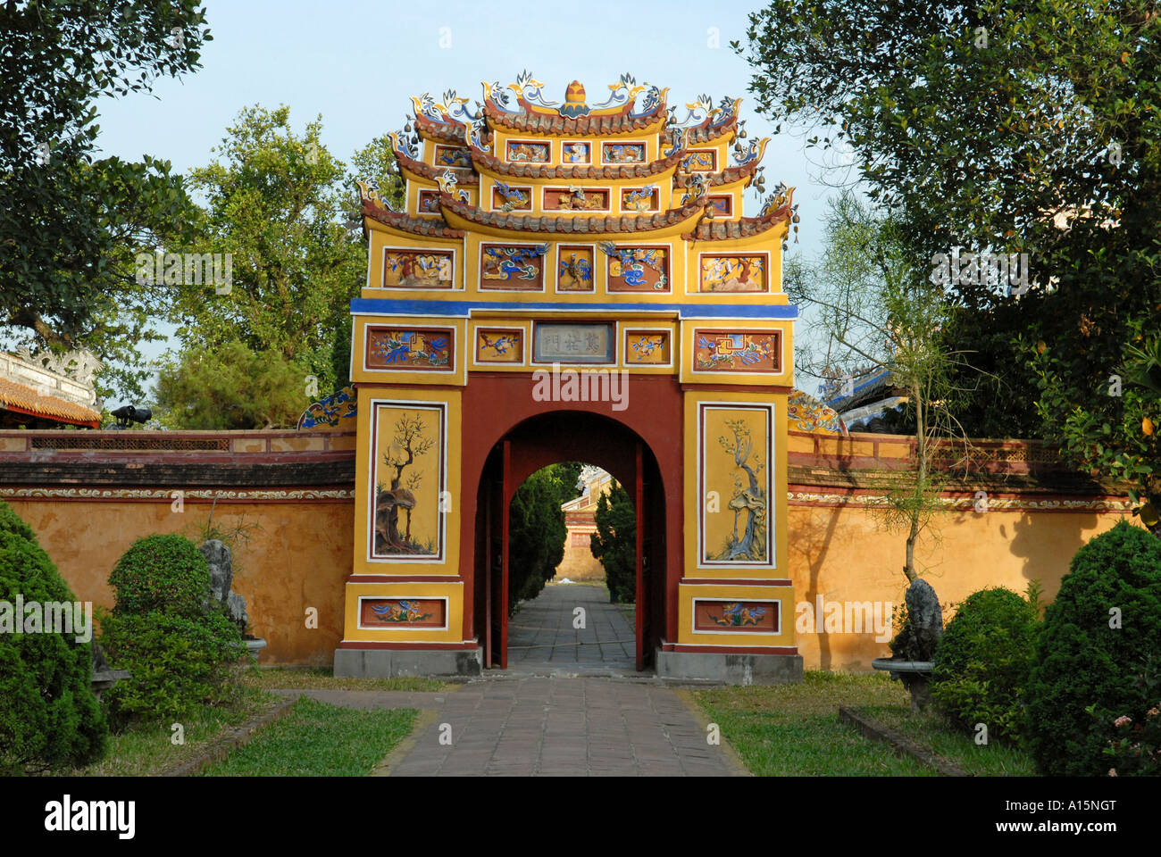 Entrance to Thien Mieu Temple inside the imperial enclosure city of Hue ...