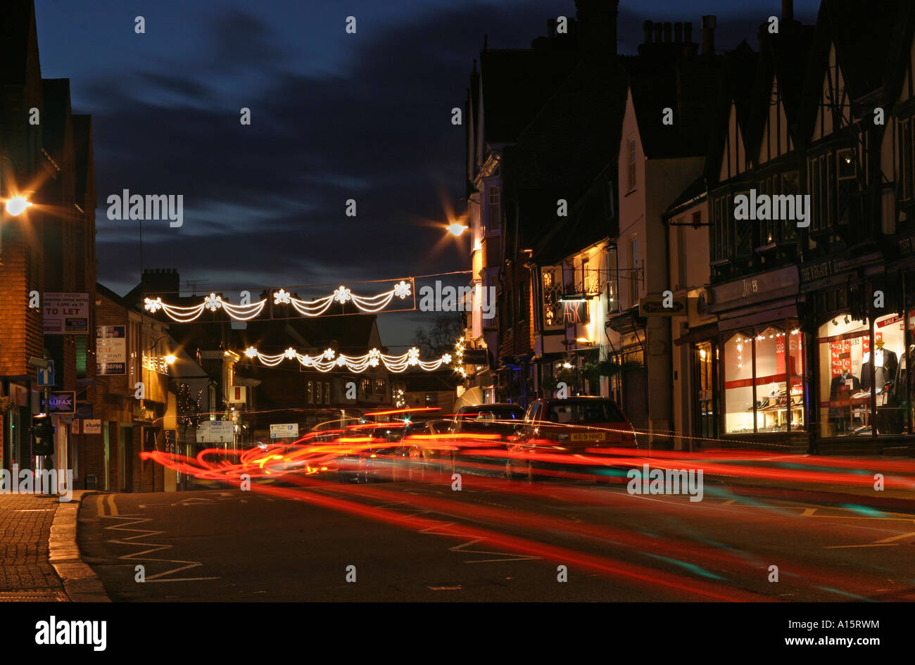 Christmas lights and light trails in Reigate High Street Stock Photo ...