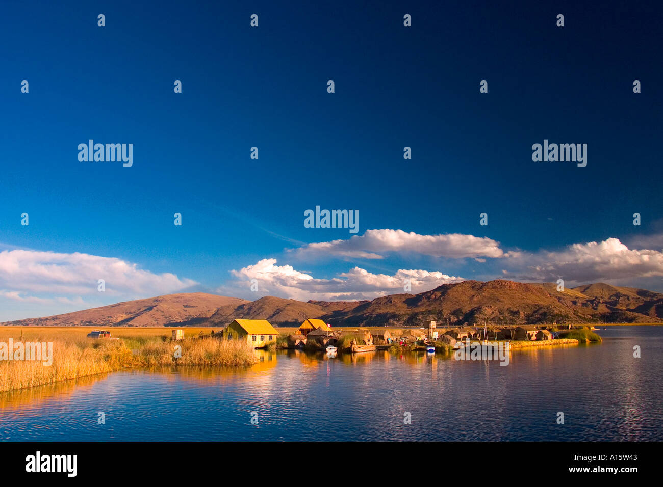 The Uros floating Island on lake Titicaca Peru Stock Photo - Alamy