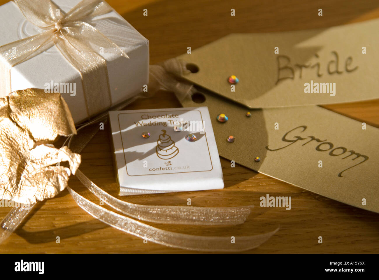Horizontal close up of colour coordinated items from the top table at a ...