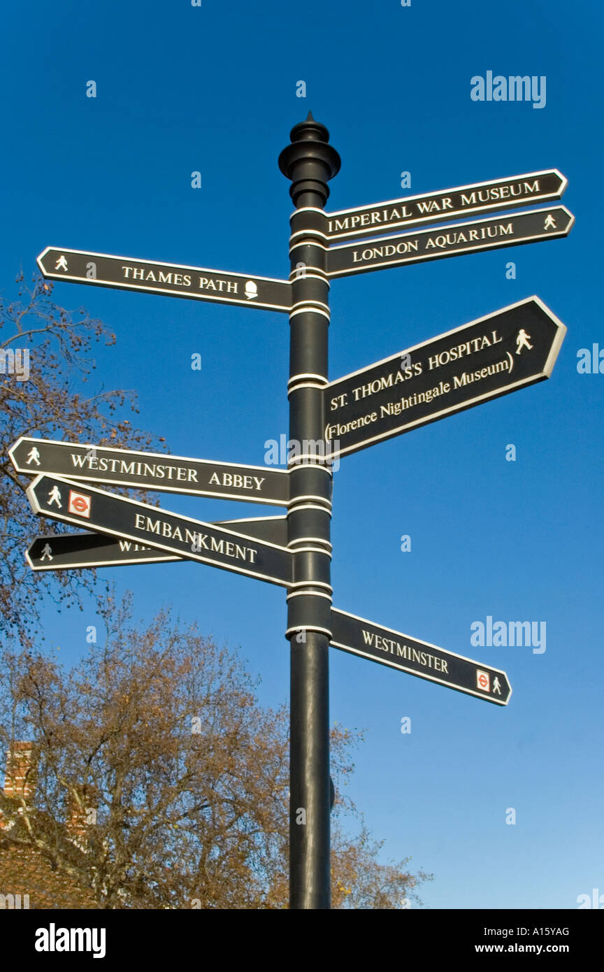 Vertical close up of a traditional black and gold tourist sign post ...