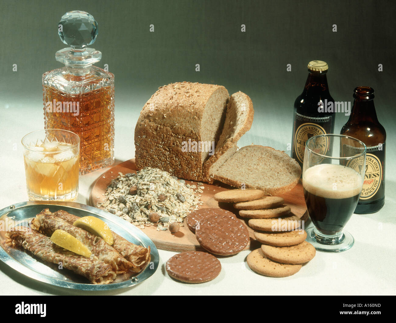 Various cereal grain products including bread whisky stout flour muesli ...